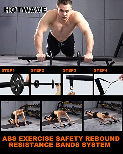 HOTWAVE Pilates Bar Kit with Resistance Bands. Fitness Bar with Ab Roller for Abs Workout. Squat Machine.Core Strength Training Equipment.Portable Home Gym for Men and Women