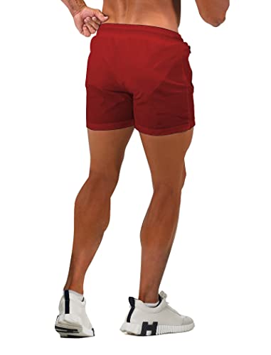 MAIKANONG Mens Gym Shorts Bodybuilding Outdoor Training Quick Dry Workout Shorts with Zipper Pockets Red