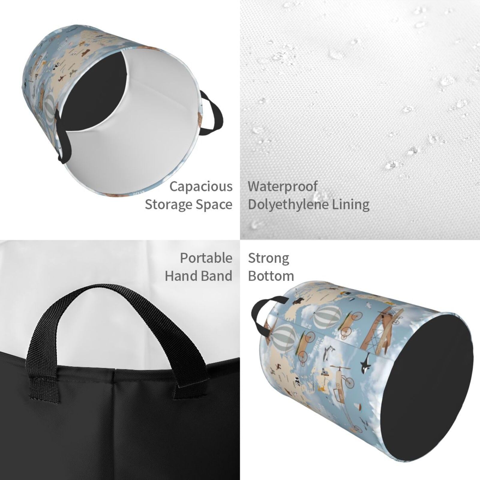 Pevtufa Animals Travel World Map Foldable Laundry Basket Organizer,Fabric Clothes Toy Storage Basket Nursery Hamper Storage Bin For Household Bedroom, Bathroom, College Dorm-Small