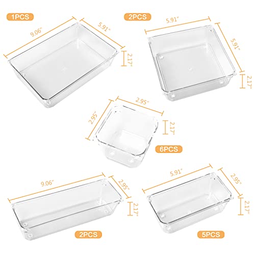 Modern-Depo 16 PCS Plastic Drawer Organizer Storage Bins Clear Drawer Dividers Trays for Makeup, Jewelry, Kitchen Untensils, Gadgets, Office, 5 Sizes