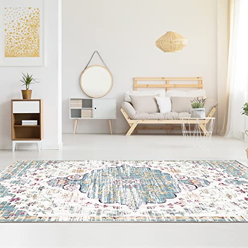 Pajata Light Blue and White Vintage 5X7 Area Rug Bohemian Floral Cover Print Distressed Carpet for Bedroom Living Room Non-Shedding