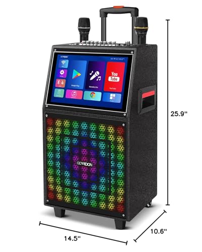 GEARDON Karaoke Machine with Lyrics Display Screen for Adults, Built-in 15 Inches Tablet & Wifi, Bluetooth Speaker w/ 2 Rechargeable UHF Mics, DJ Lights, Portable Karaoke System for Any Occasion