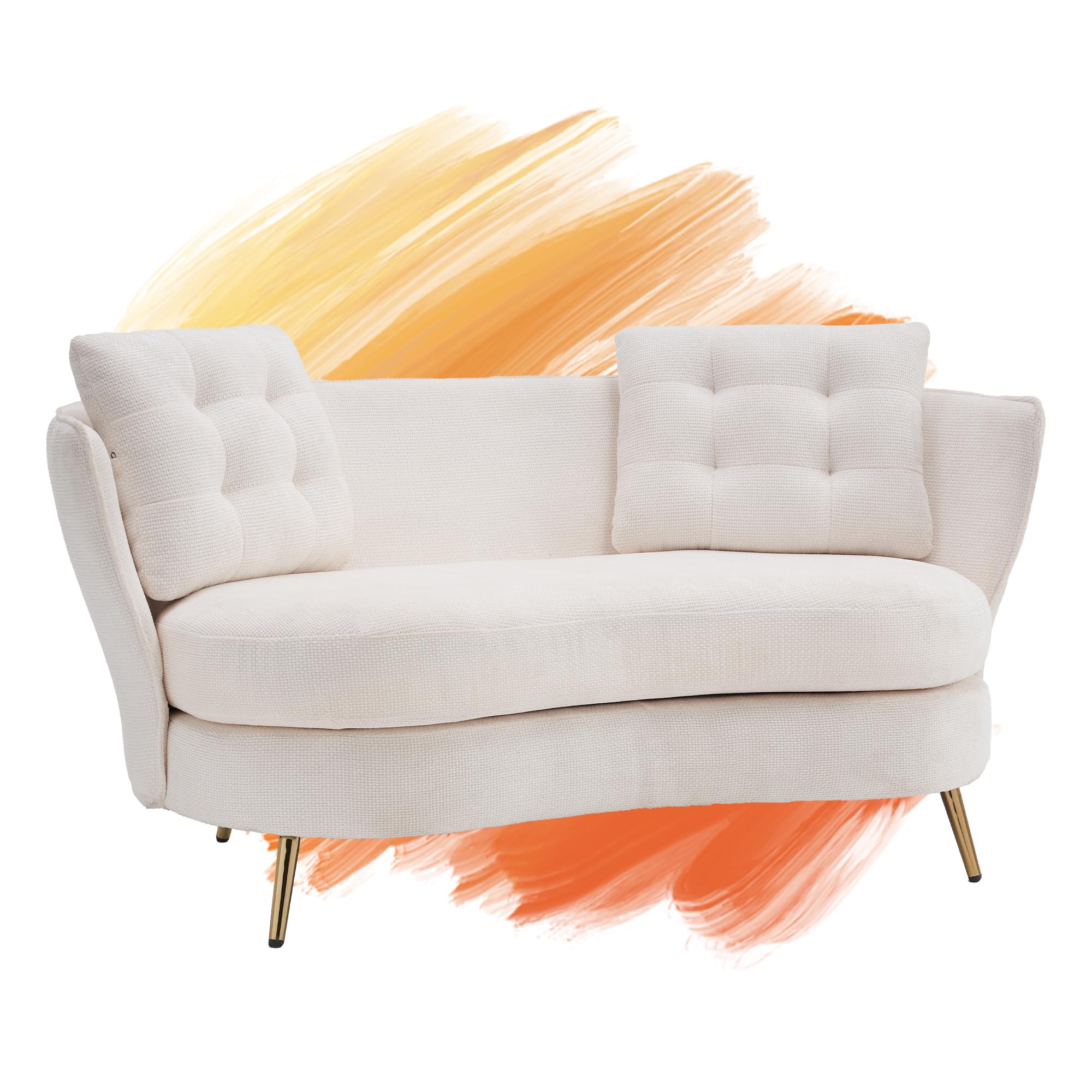 RENDGO Velvet Loveseat Sofa, 64.2'' Mid Modern Small Love Seats with 2 Pillows & Golden Legs Comfy Couch for Living Room, Upholstered 2 Seater Sofa for Small Apartment (White)