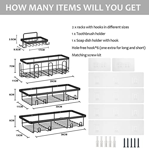 Tivisir Shower Caddy 4-Pack,Bathroom Storage Rack with Hook,Adhesive Shower Organizer &Drilling, Shower Organizer with Toothbrush Holder with Soap Rack,Rustproof Stainless Steel Shower Shelf (Black)