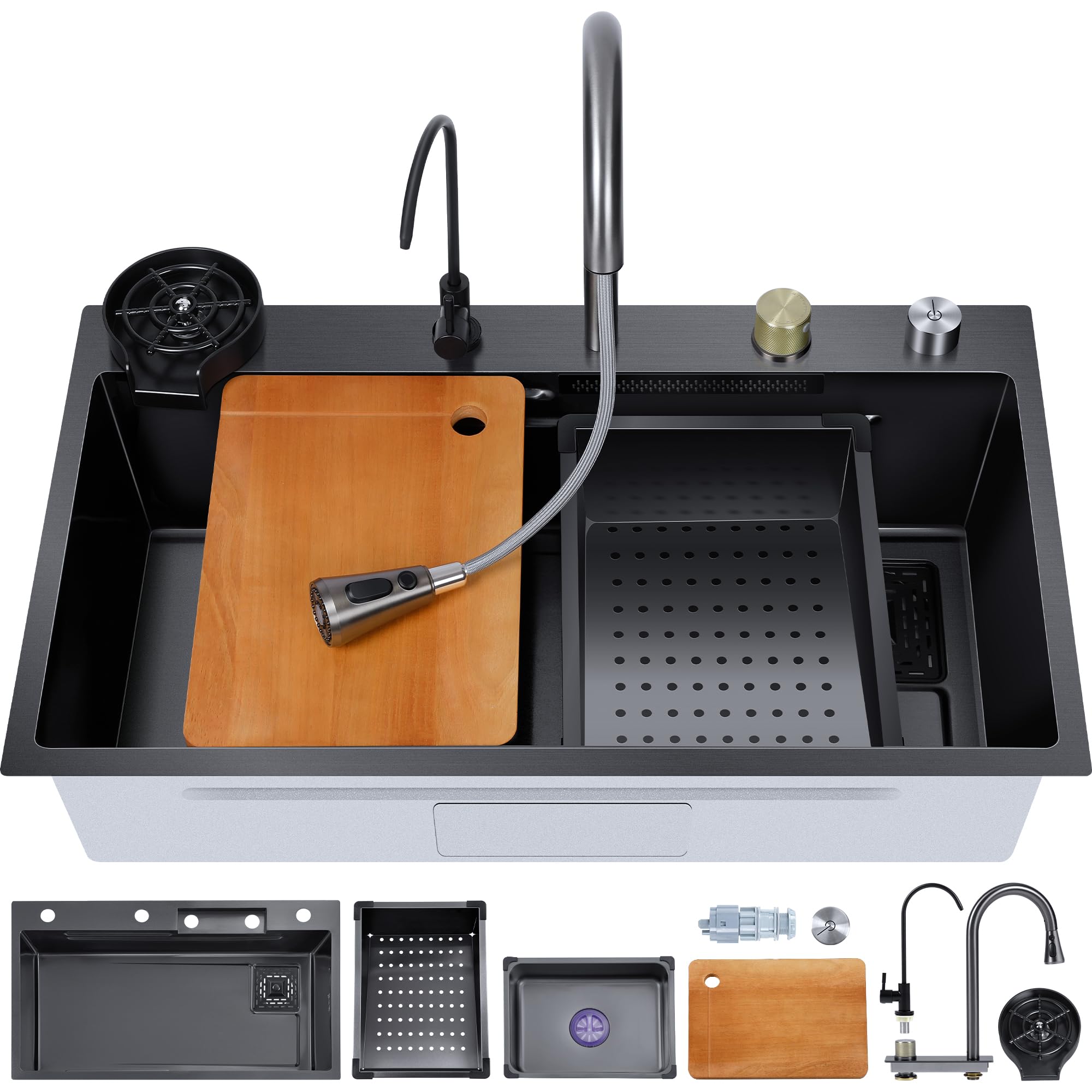 Rengue 32''x 18'' Waterfall Kitchen Sink, Drop In Kitchen Sink Single Bowl, 04 Stainless Steel Kitchen Sink Workstation with Pull-Out Faucet and Multiple Accessories (31.49×17.77×8.66 inch)