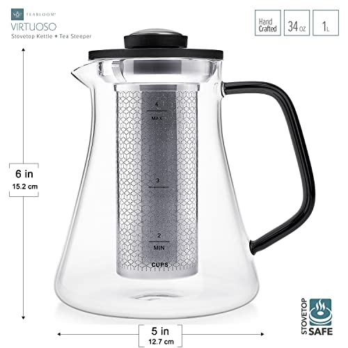 Teabloom 2-in-1 Tea Kettle and Tea Steeper - Glass Teapot with Thermometer and Stainless Steel Loose leaf Tea Infuser, No Whistle Kettles, Virtuoso 34-Ounce Tea Maker