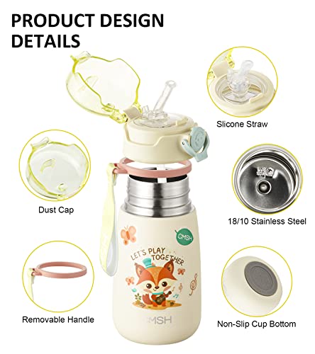 TKK Kids Insulated Water Bottle 16 oz Double Wall Vacuum Stainless Steel Thermos with Leak Proof Straw Lid & Strap Handle & Sticker (Yellow)
