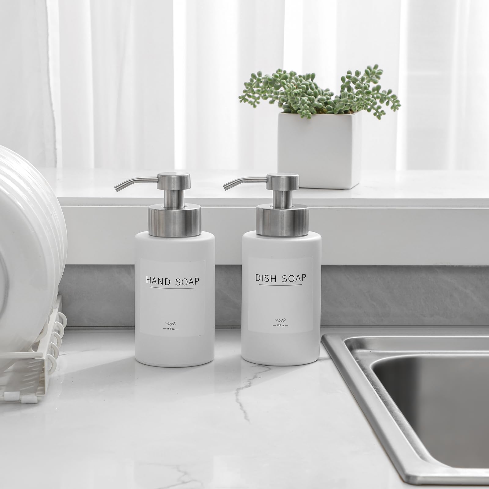 Foaming Soap Dispenser Set, 17 Oz White Glass Hand Soap Dispenser with 304 Rust Proof Stainless Steel Pump, Waterproof Labels, Bottles for Bathroom Decor Kitchen College Dorm, 2 Pack