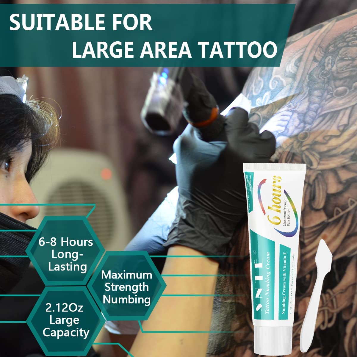 Tattoo Numbing Cream, (2.12Oz) 6-8 Hours Maximum Strength Painless Cream, for Tattoos with Aloe Vera, Vitamin E, Lecithin