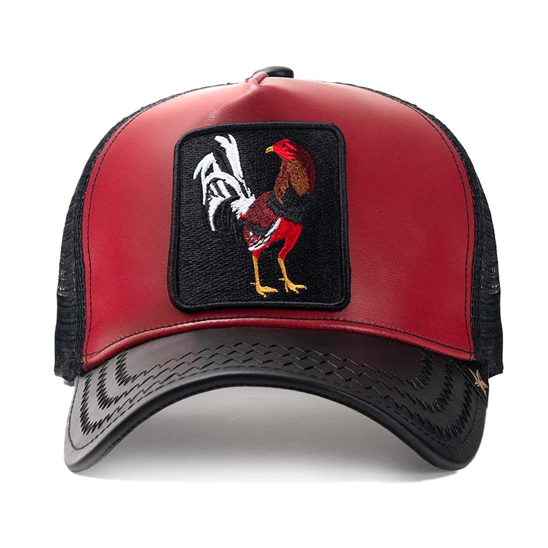 GOLD STAR HAT - COCK Rooster Black/Burgundy leather FIGHTING TRUCKER HAT