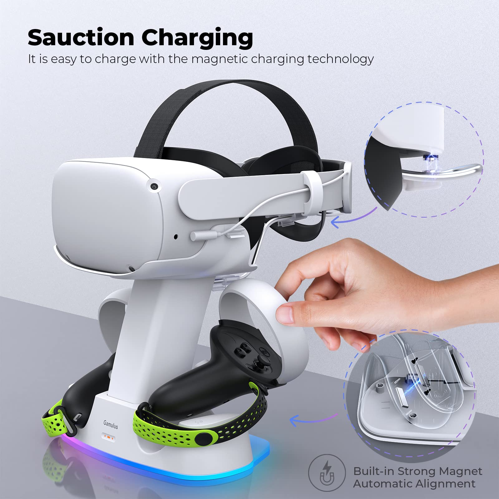 Gamulus RGB Charging Dock for Meta Quest 2, Support Elite Strap with Battery and Controller with Grips, Headset & Controllers Magnetic Charging Station Stand w/ 2200mah Batteries, 7 Lighting Modes