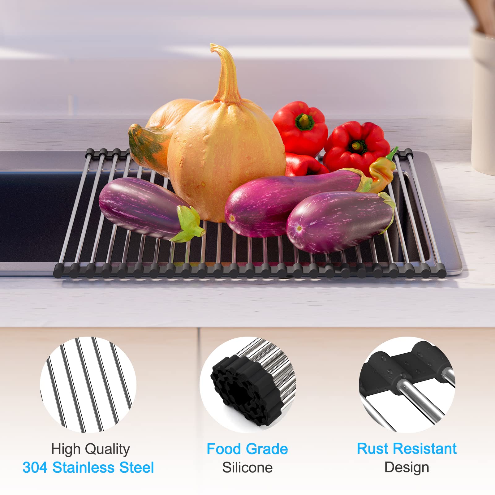EMBATHER Roll Up Dish Drying Rack Over The Sink, Dish Drying Rack for Kitchen Counter, Multipurpose Stainless Steel Foldable Kitchen Drainer Rack, Anti-Slip, (Black, 17.8"x11.8")