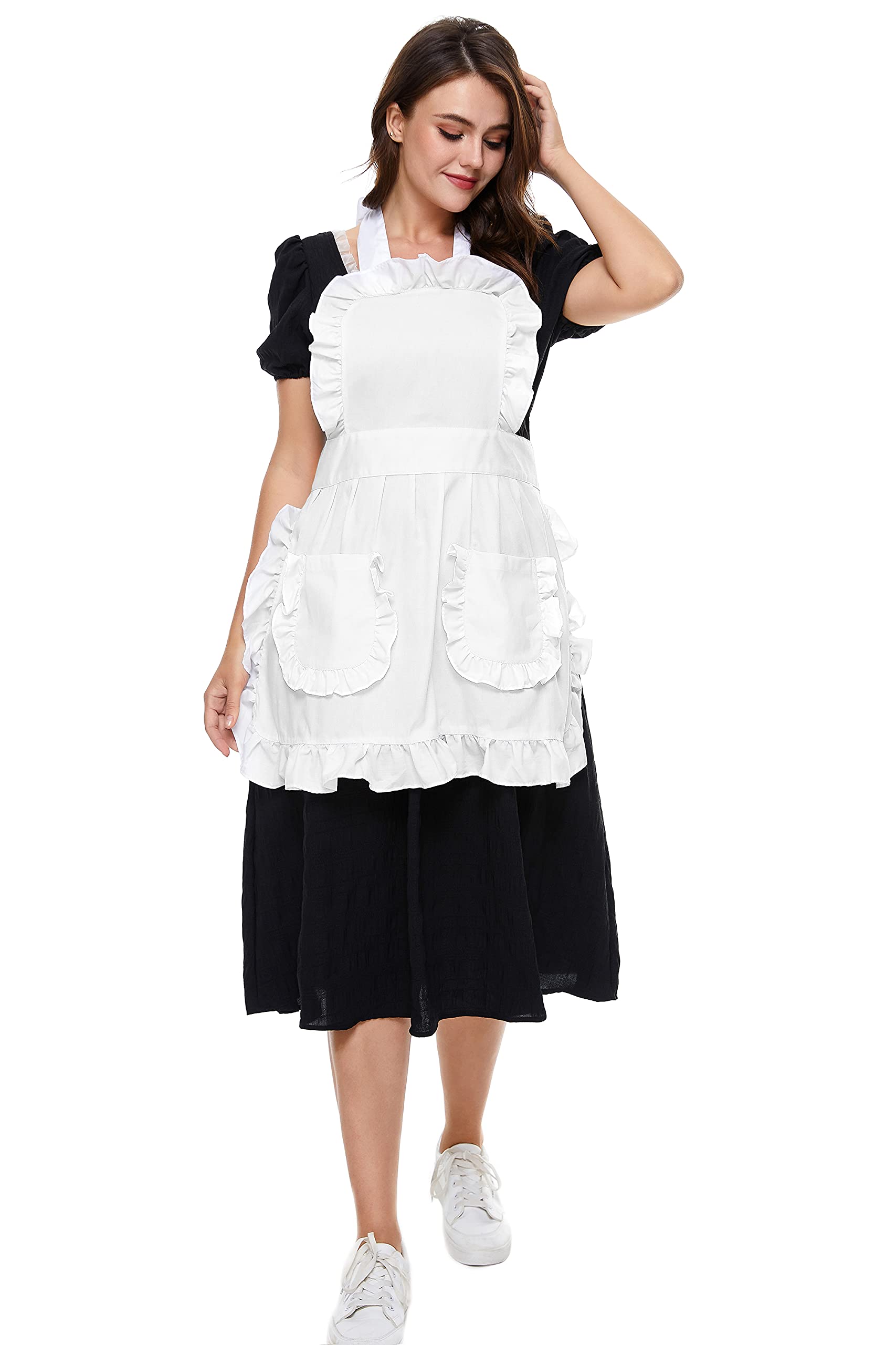 LilMents Women's Ruffles Outline Retro Pockets Apron Kitchen Cooking Cleaning Maid Costume (White)