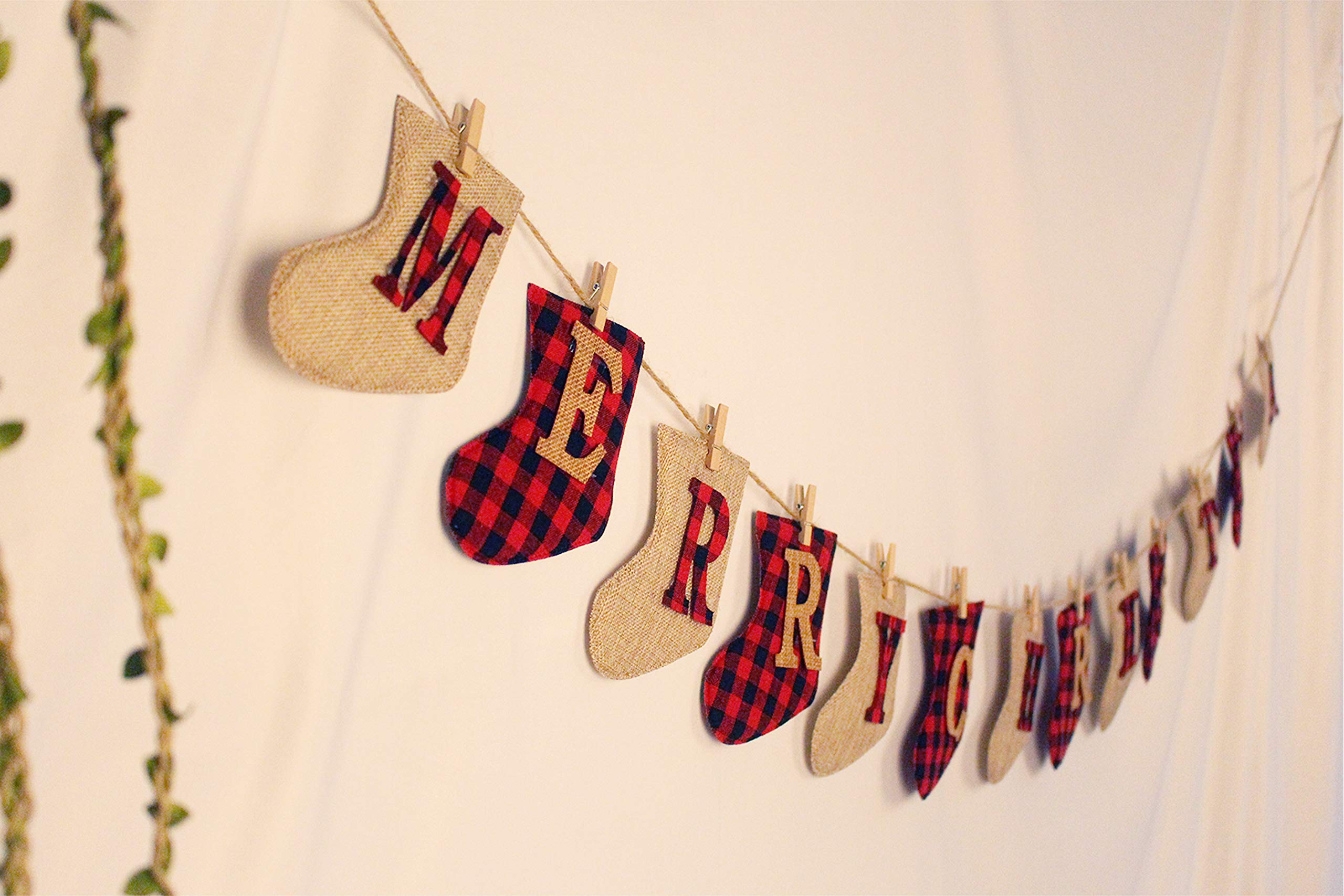 Merry Christmas Banner - Burlap Sock Shaped Christmas Decoration, Unique Hand-Sewn Christmas Decor, Great Firepalce Decoration for Christmas