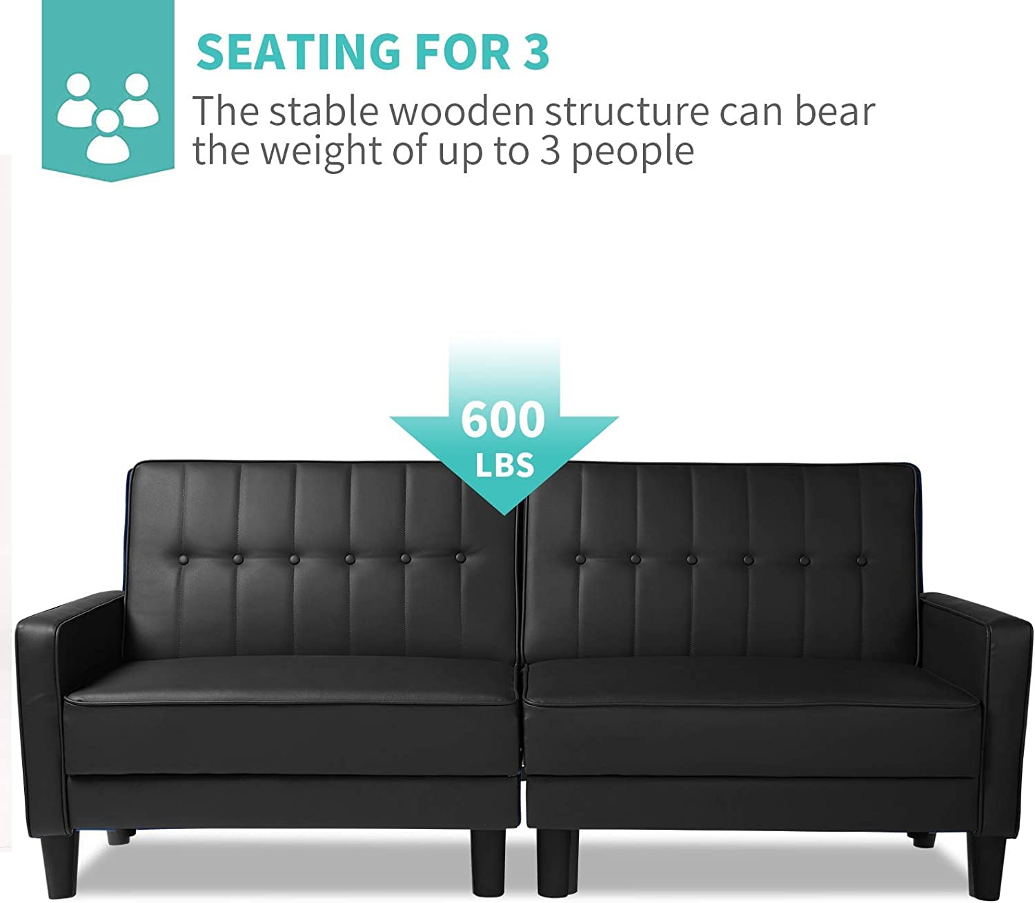 OQQOEE Futon Sofa Bed Modern Faux Leather Upholstered Convertible Folding Lounge Couch- Loveseat Sofa Sleeper with Adjustable Backrest and Side Pockets for Compact Living Space (Black)