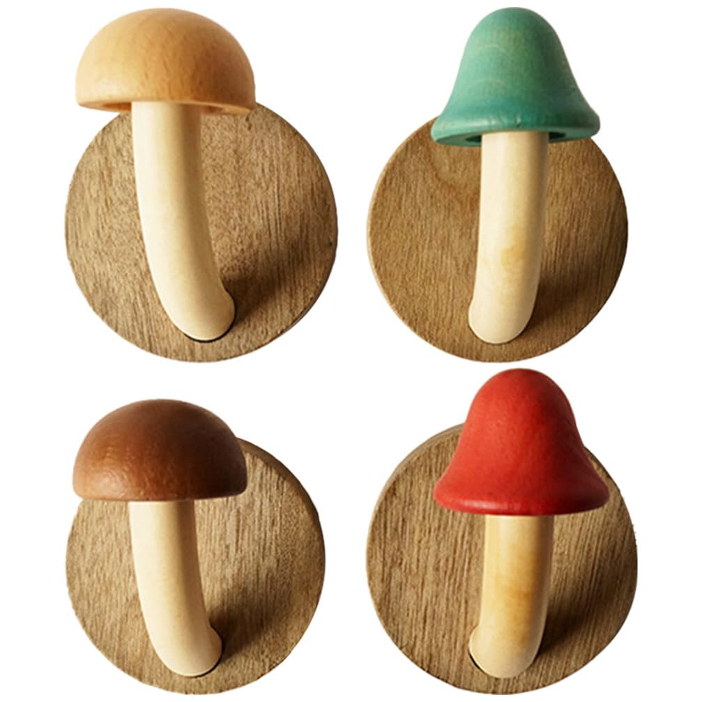 PRETYZOOM Mushroom Wall Hooks: 4pcs Wooden Mushroom Wall Hanging Hook, No Punching Wall Hanger, Decorative Wall Hook Hooks for Hanging Towels Hat Coat