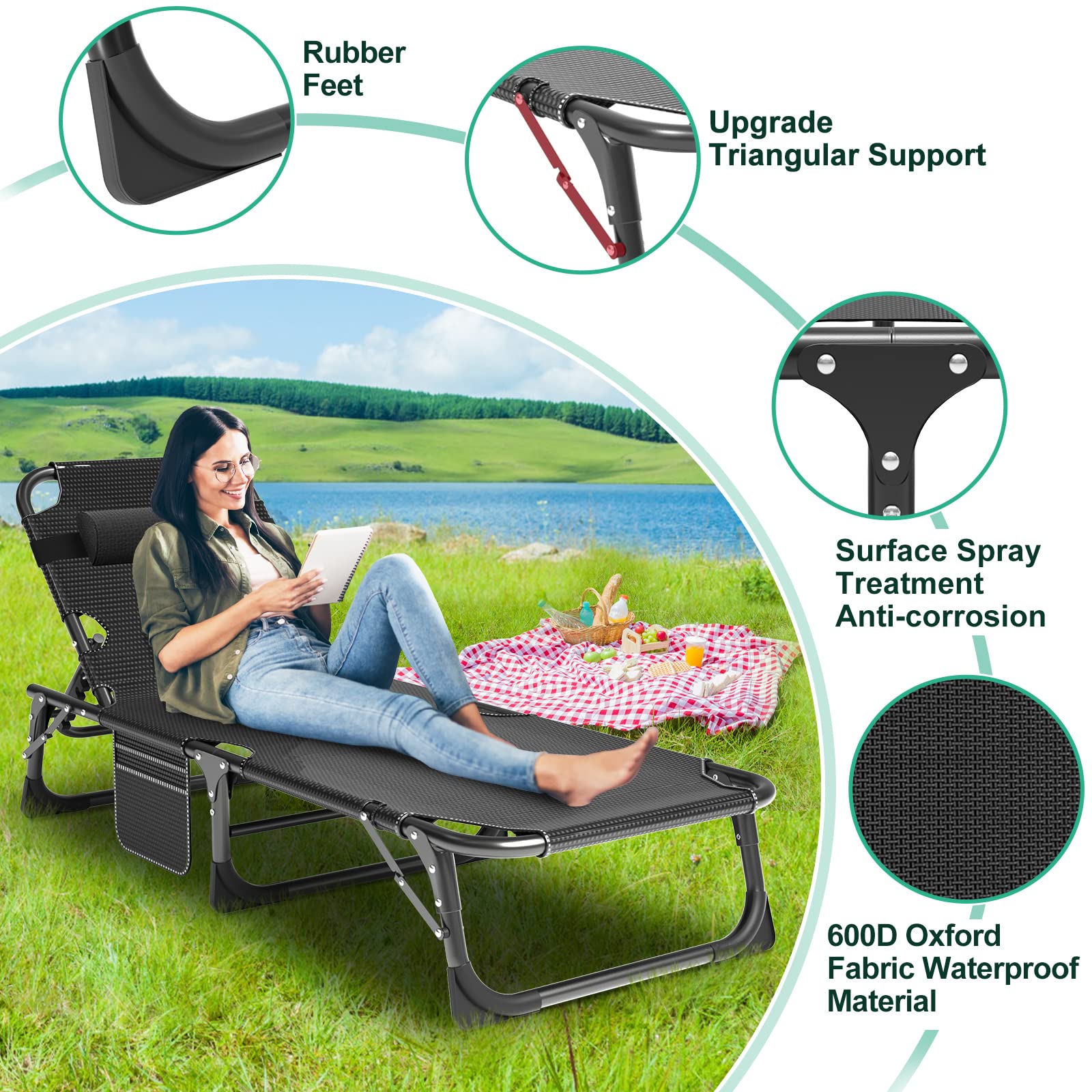 LILYPELLE Folding Outside Chaise Lounge Chair with Mattress, 5 Position Adjustable Patio Folding Lounge Chair Reclining Chairs Perfect for Sunbathing, Camping, Pool, Beach, Patio