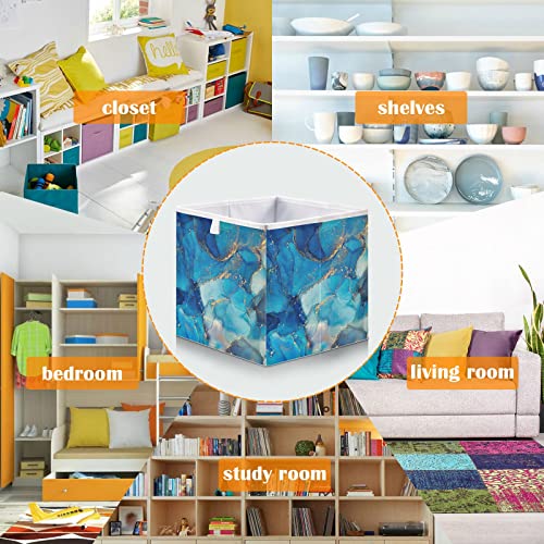 WELLDAY Storage Basket Turquoise Marble Pattern Foldable 11 x 11 x 11 in Cube Storage Bin Home Decor Organizer Storage Baskets Box for Toys, Books, Shelves, Closet, Laundry, Nursery