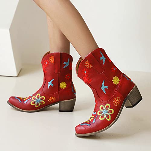 FASDNENDYS Womens Casual Stylish Ankle Boots Comfortable Shoes for Adults Summer Womens Chunky Heel Boots Red