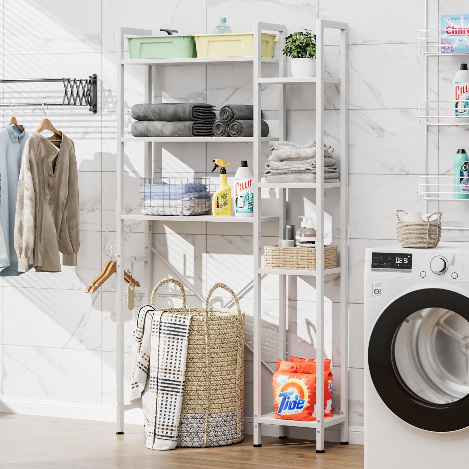 OTK Over-The-Toilet Storage with 7-Tier Bathroom Organizer Shelf, Side Storage Open Shelf, Freestanding Space Saver with Hooks & Adjustable Feet, Toilet Rack for Bathroom, Restroom, Laundry, White