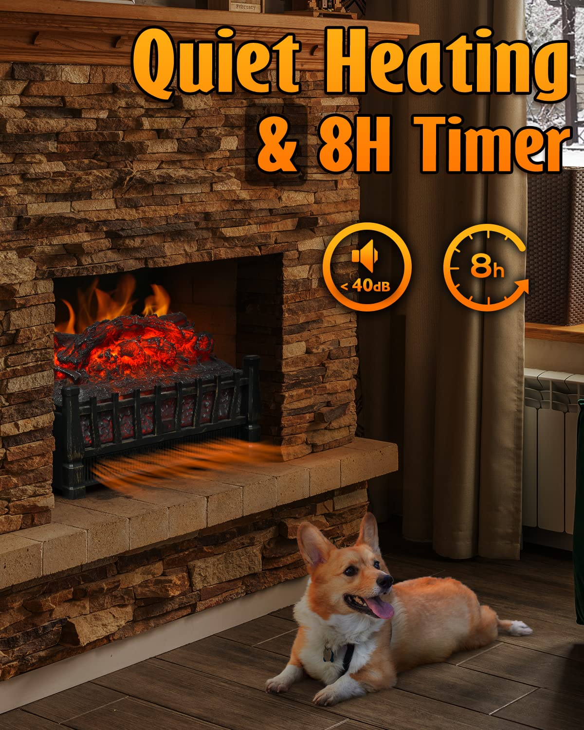 Electric Fireplace Logs Heater, Fireplace Insert with Realistic Fake Fire, 4 Flame Brightness, Remote Control, 8H Timer, Overheat Protection, Ember Bed Heater for Living Room, Christmas Decor, 1500W
