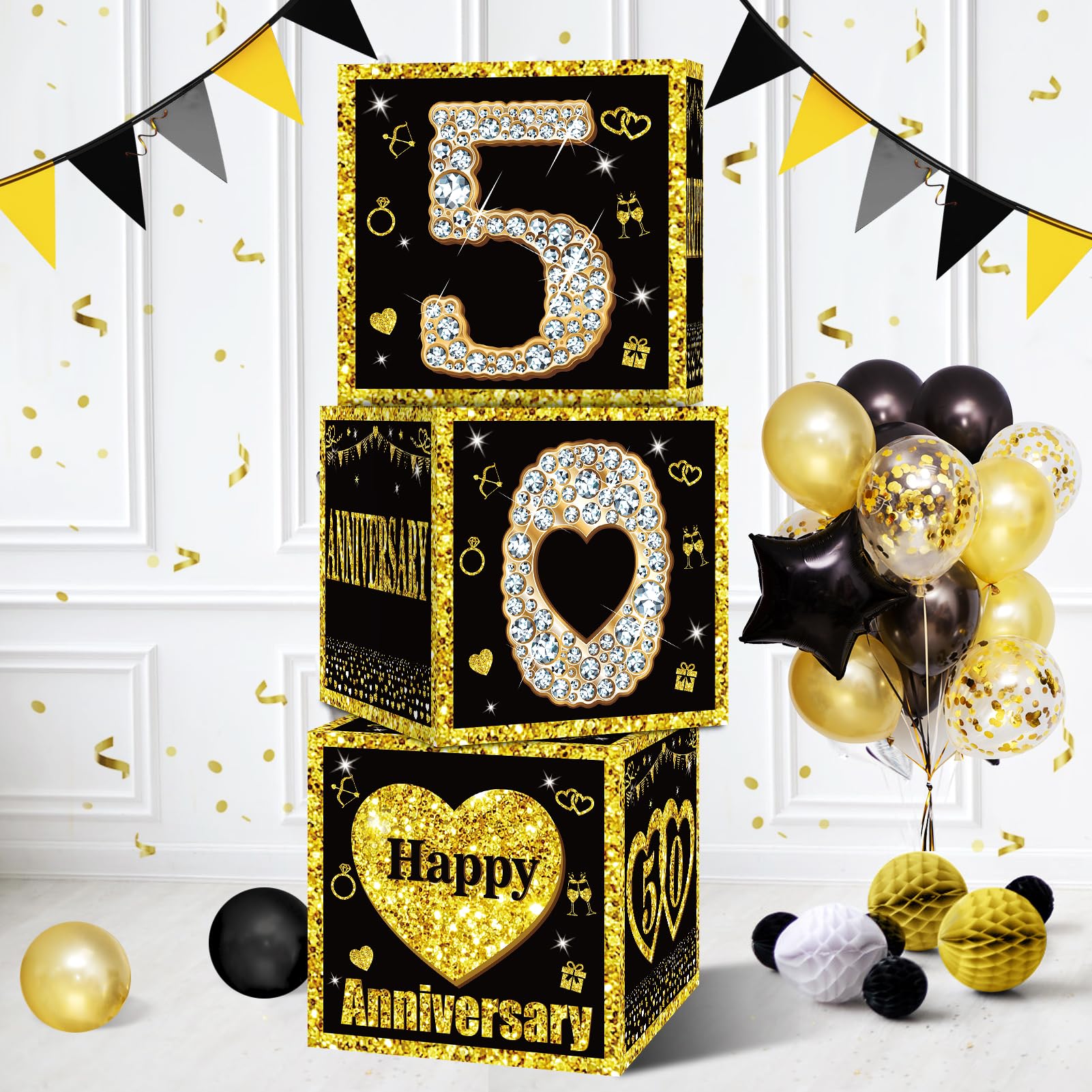 Zirtorei 3Pcs 50th Wedding Anniversary Decorations Boxes, Black Gold Happy 50 Anniversary Balloons Boxes Party Supplies, Fifty Year Old Marriage Anniversary Theme Cardboard Box