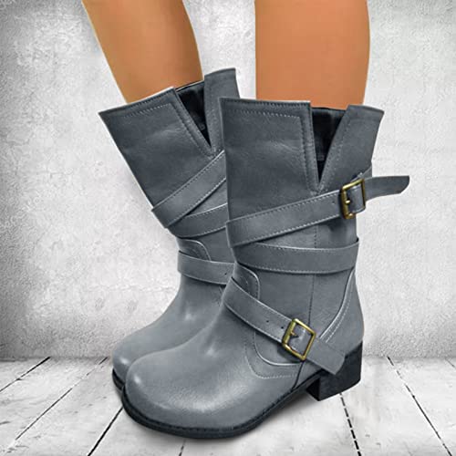 FASDNENDYS Womens Pointed Toe Knee High Boots Thick Boots Shoes Ankle Buckle Belt Dressy Flat Boots for Women Grey