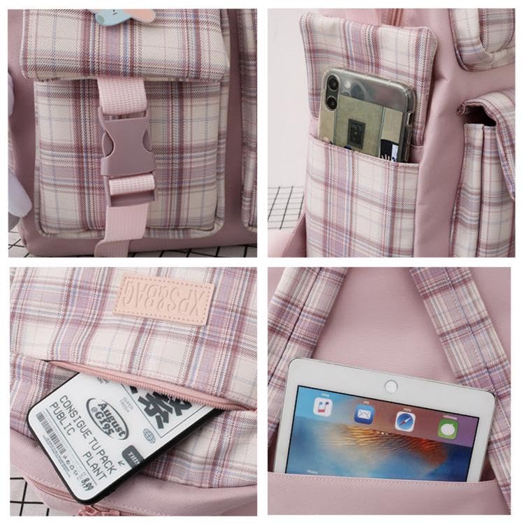 MININAI 4PCS Aesthetic College Backpack Set with Plushies Kawaii Large Backpack 15.6" Laptop Preppy Daypack Cute Backpack (Green,One Size)