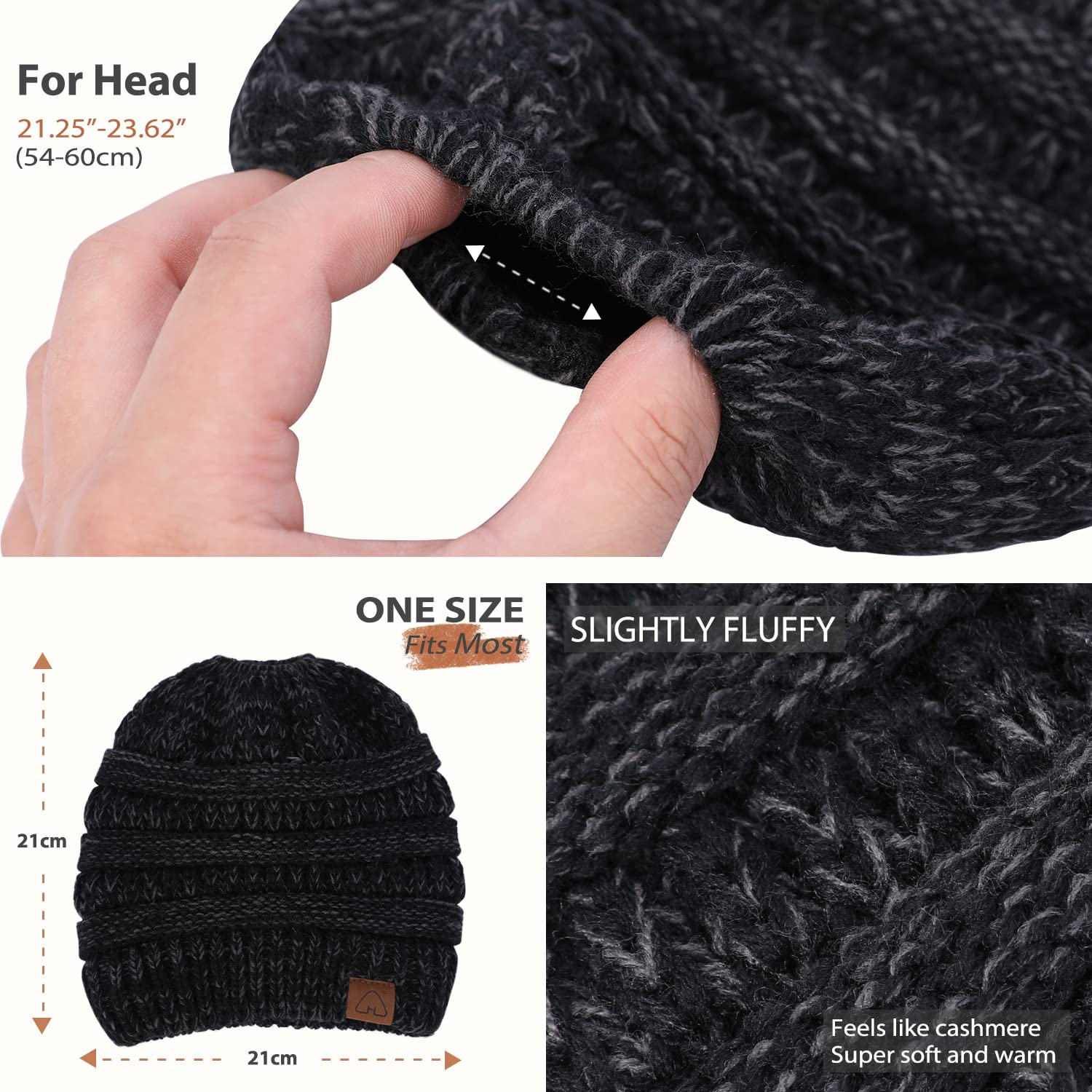 Hat Hut Satin Lined Winter Beanie Hat for Curly Hair Women Silk Lined Ponytail Beanie Messy Bun Cable Knit Chunky Skull Cap (Black Charcoal)