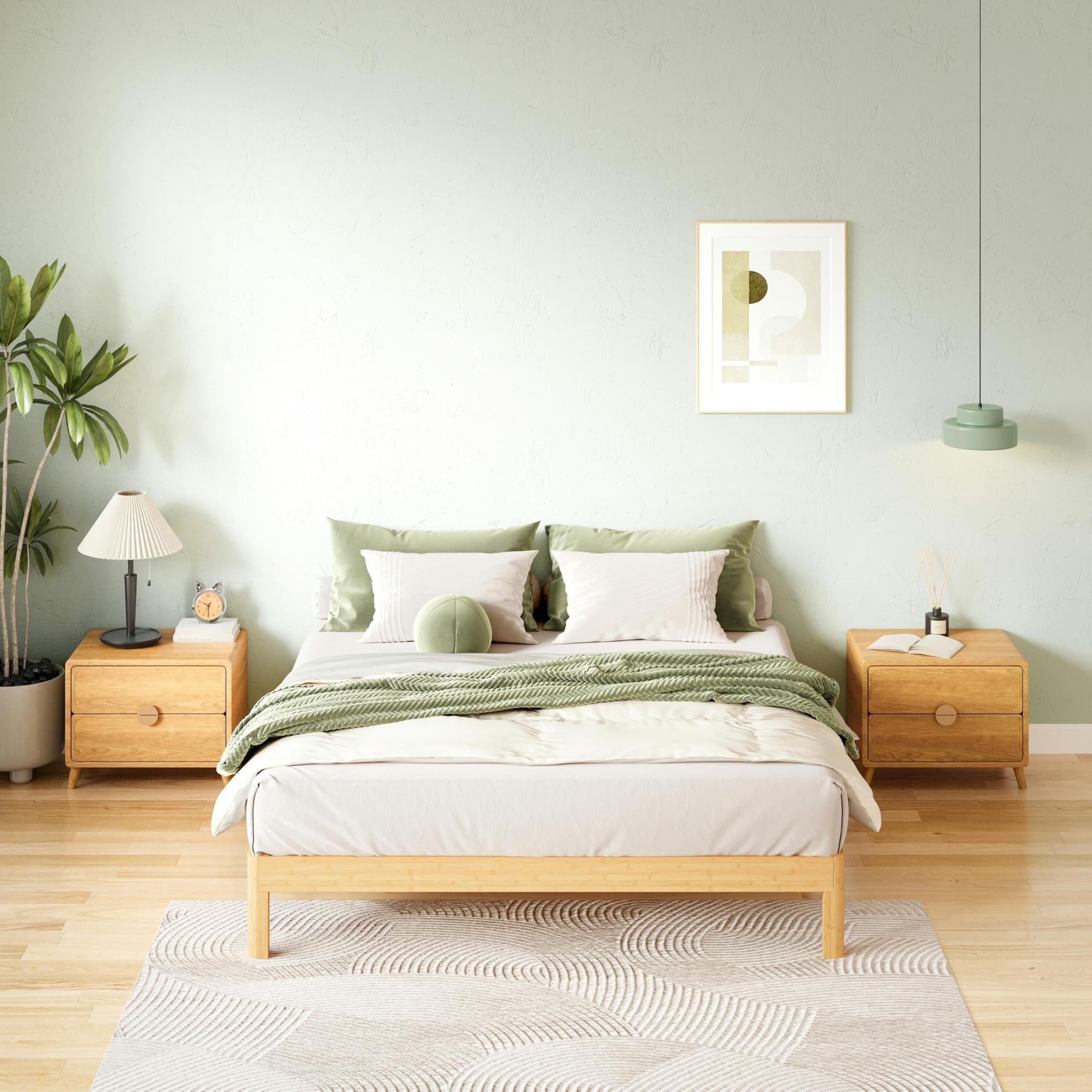 ZIYOO Queen Bed Frame 12 Inch Solid Wood Platform Bed with Metal Slats, Natural Bamboo,No Box Spring Needed, Easy Assembly, Heavy Duty Bed Frame,Free of Noise