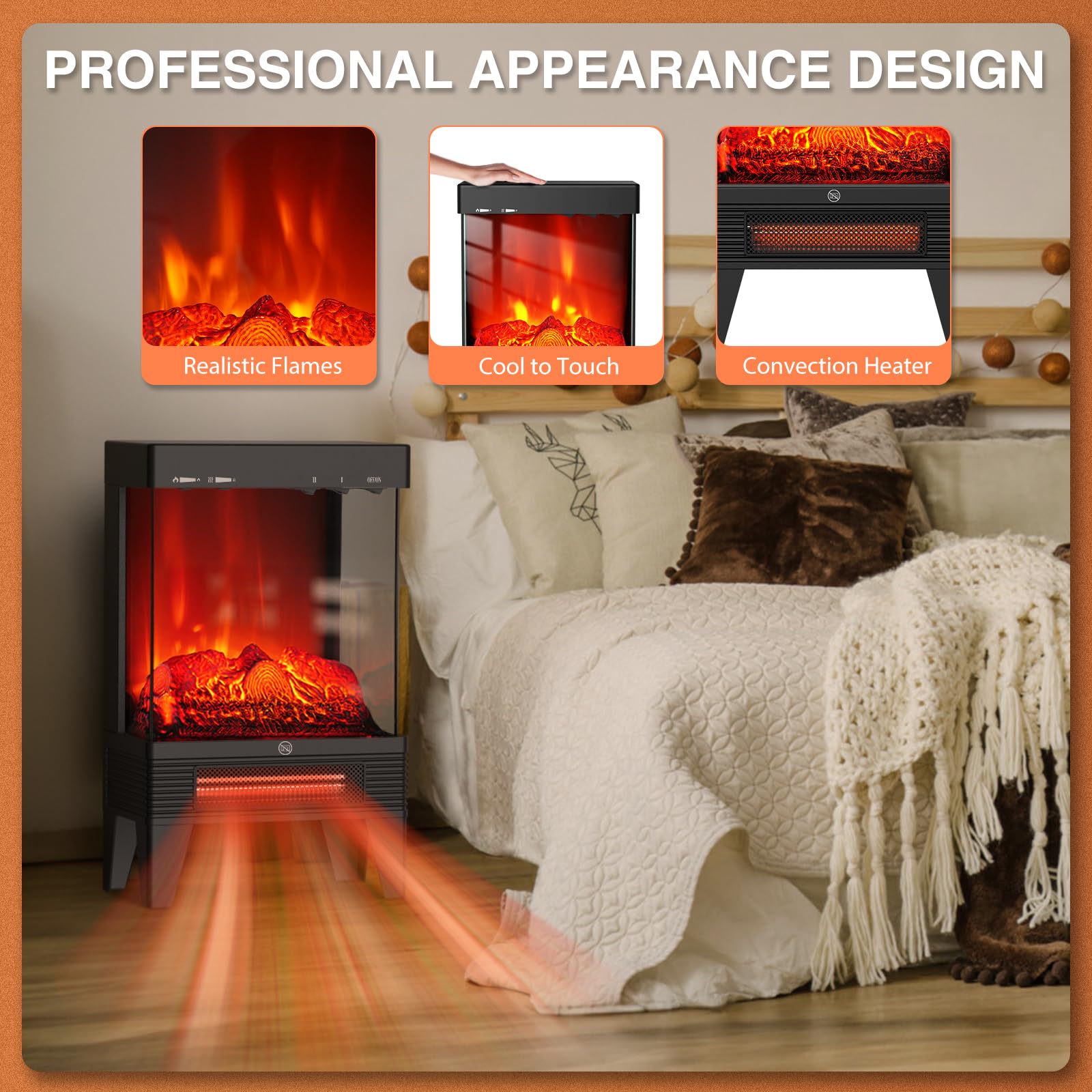 Electric Fireplace Stove, 1500W Freestanding Fireplace Heater with 3-Sided View, Realistic Flame, Adjustable Brightness and Heating Mode, Thermostat, Overheating Safe Design, ETL Certified