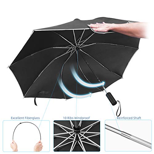 UVANTI Umbrella Windproof Travel Umbrellas - 10 Ribs Wind Resistant Compact Light Small Mini Upside Down Inverted Folding Reverse Strong Portable - Car Backpack Purse Umbrellas for Rain - Men Women