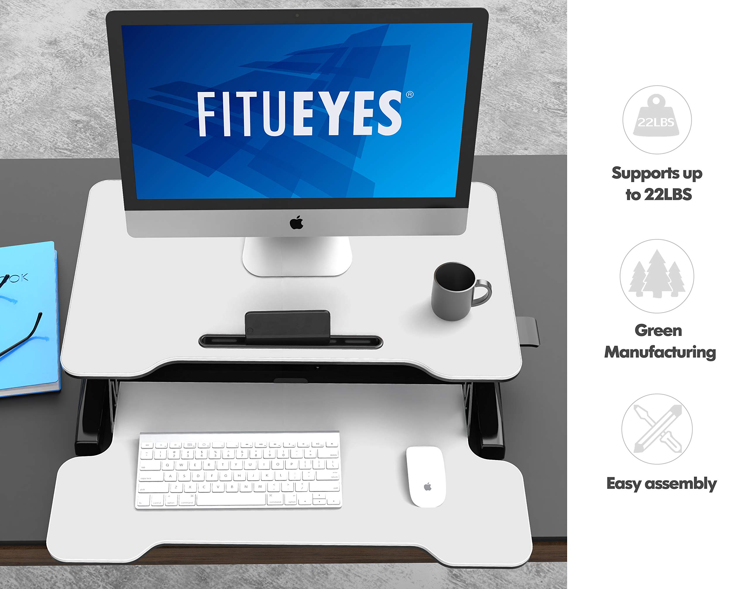 FITUEYES Stand Up Desk Standing Desk Converter Riser Adjustable Office Desk for Laptop with Deep Removable Keyboard Tray White SD260003WW