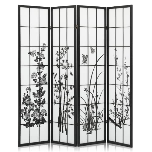 Magshion Folding Room Dividers 5.9ft 4-Panel Portable Room Separators Divider Wall, Oriental Ink Four Noble Ones Print Folding Room Dividers Freestanding Black Screen for Home Office