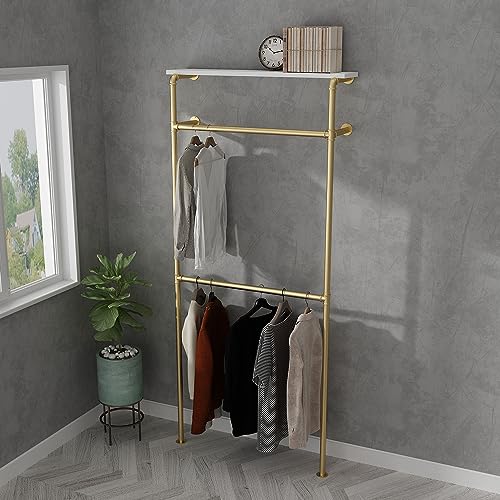 LANJIN Industrial Pipe Clothing Rack,Clothes Rack for Wardrobe, Bedroom and As Walk-in Closet System.Sturdy Clothing Racks for Hanging Clothes,Wall Mounted Heavy Duty Clothes Rack,Gold A