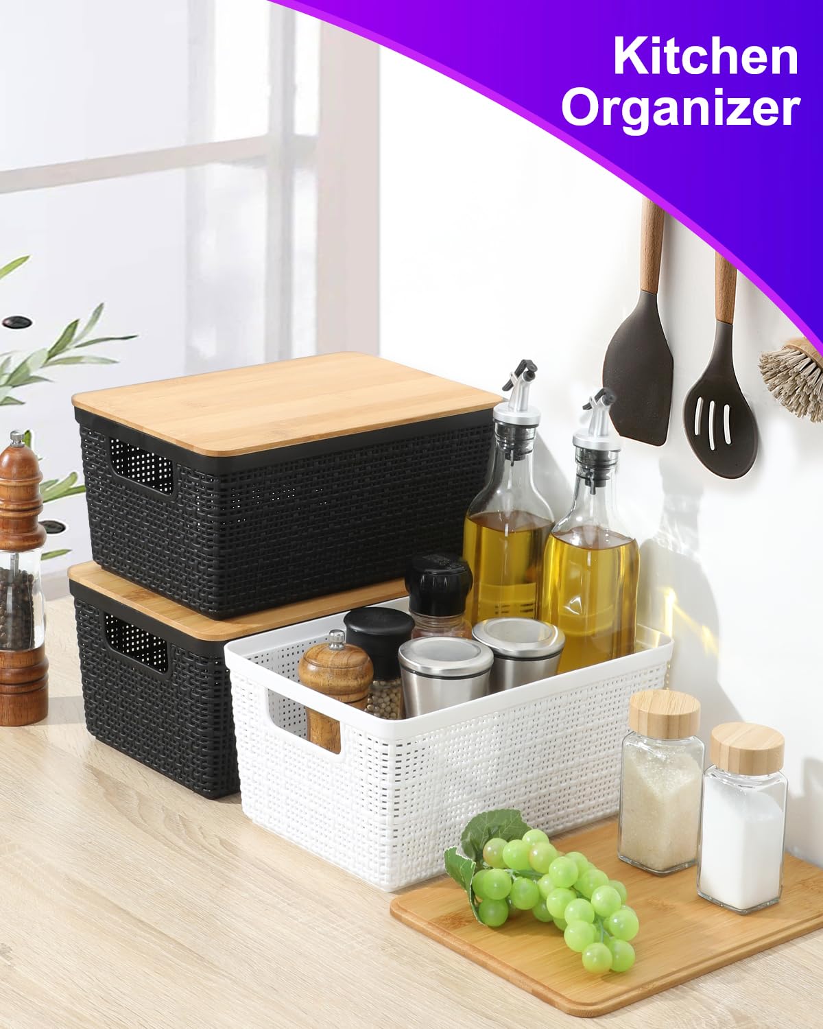 Storage Bins with Lids 6 Packs, Plastic Storage Baskets with Bamboo Lids-Stackable Storage Containers for Shelves Drawers Desktop Closet Pantry Playroom Classroom Office, Black