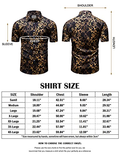 fohemr Mens Gold Chain Dress Shirts Luxury Short Sleeve Baroque Print Casual Button Down Design Buchona Shirts Green XX-Large