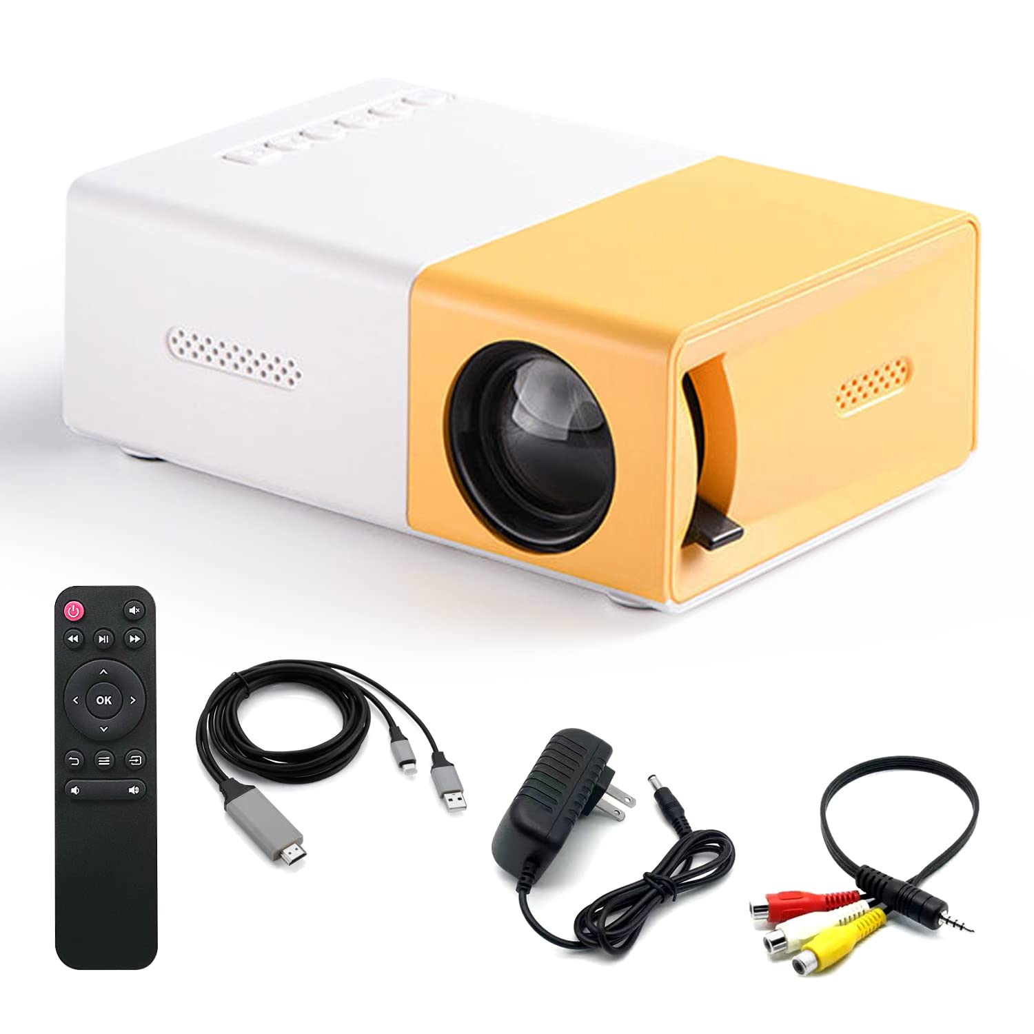 Mini Projector, Small Portable Projector for Cartoon, Kids Gift,Intelligent Home Projector with Apple Conversion Cable,Movie Projector Compatible with HDMI,USB,Audio,TF Card,AV and Remote Control