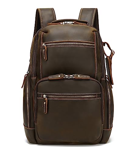 LANNSYNE Vintage Full Grain Genuine Leather Backpack For Men, fits 16" Laptop Travel Hiking Bag Camping Rucksack Brown
