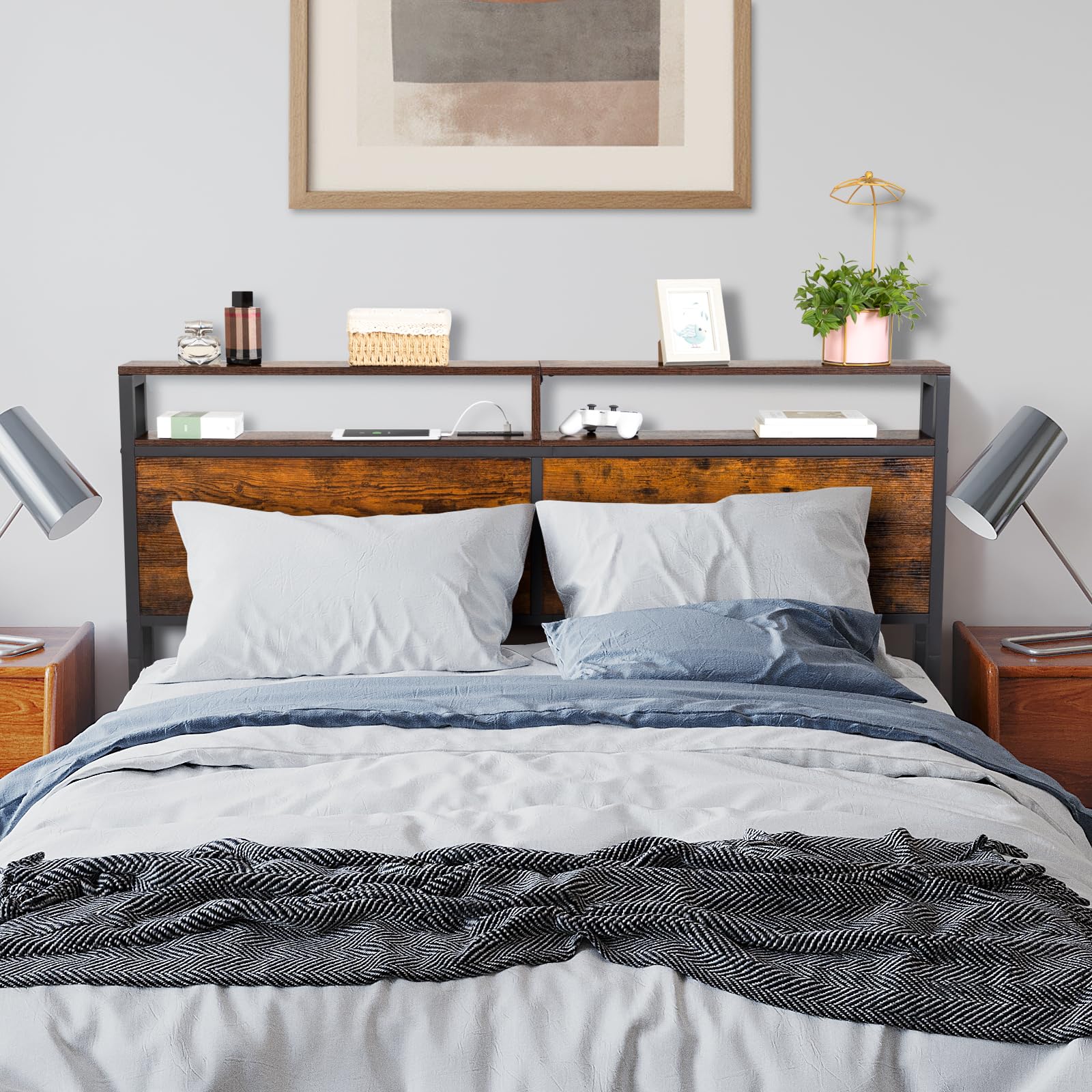 LOAKEKEL Queen Headboard Only, Headboard Queen Size with Outlets and USB Ports, Wood Platform Bed Queen Headboard with 2 Tier Storage Rack, Adjustable Height, Easy Assembly, Black HB052BK