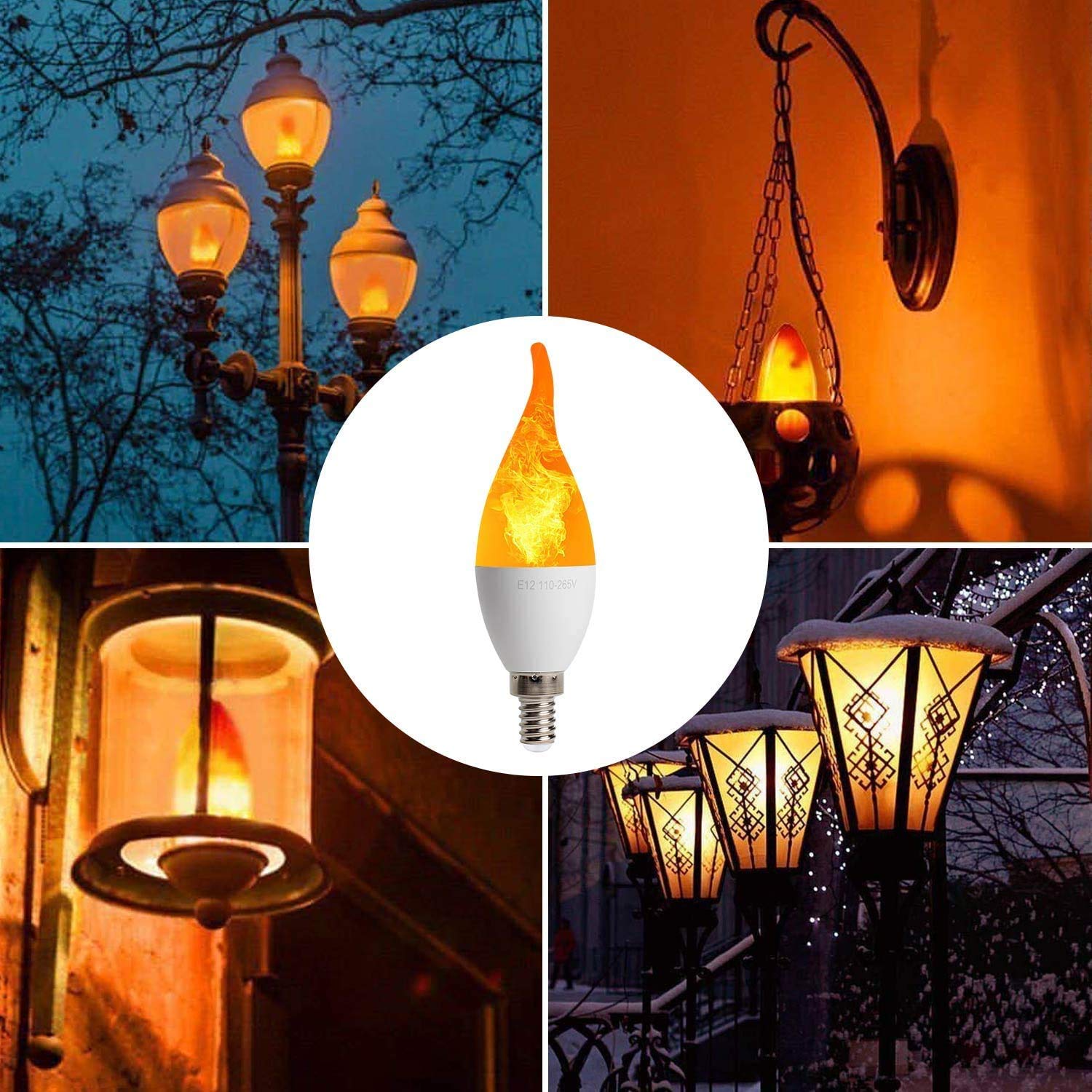FIVEAGE LED Simulated Fire Flicker Flame Candelabra Bulbs 6 Pack,Warm White 2W 1800K Flickering E12 Flame Effect Light,3 Lighting Modes Emulation, General, Breathing for Indoor and Outdoor Decoration