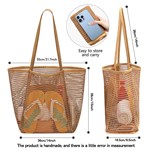 hatisan Beach Bag Mesh Tote Bag,Upgrade Beach Tote with Phone Pouch Women Mesh Bag Shoulder Bag for Beach Travel Vacation (Kakhi)
