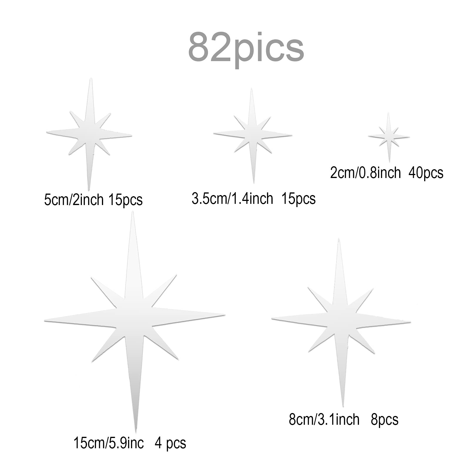 Zonon 82 Pieces Mirror Wall Stickers Removable Star Wall Decals 3D Acrylic Mirror Setting Wall Sticker Christmas Star Decorative Decal for Home Wall Living Room Bedroom Decor(Silver)