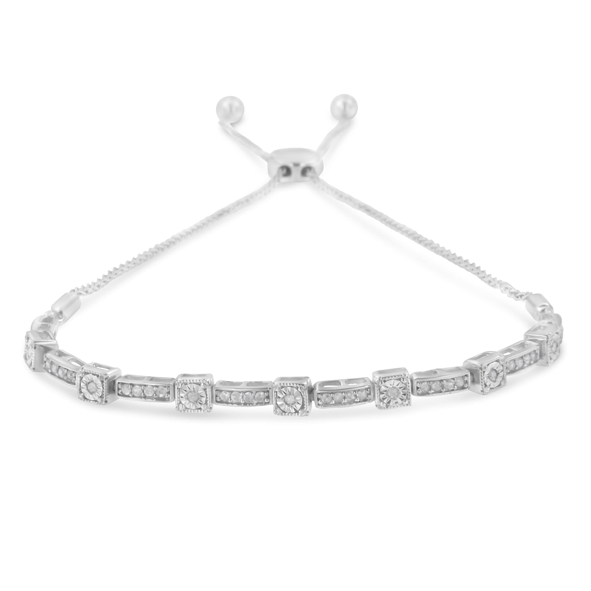 Haus of Brilliance .925 Sterling Silver 1/4 Cttw Diamond 4”-10” Adjustable Bolo Alternating Square and Rectangle Bolo Bracelet (I-J Color, I3 Clarity)