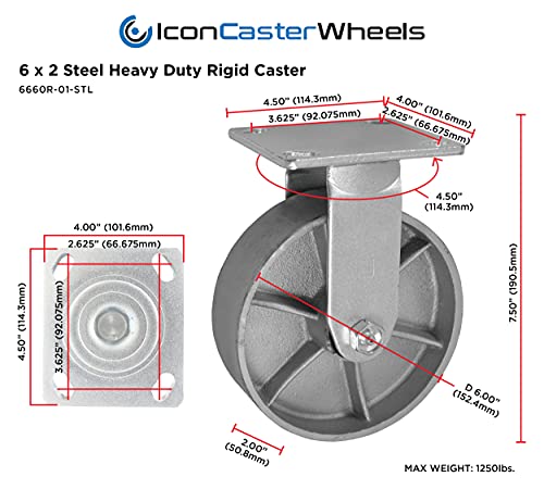 IconCasterWheels 6" x 2" Steel Heavy Duty Caster, Set of 4 Industrial Casters | 2 Swivel Top Lock Brake Caster & 2 Rigid Top Plate Caster | Top Plate 4 x 4.5", Load Capacity 4,800 lbs per Set (4-Pack)