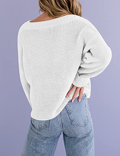 MIROL Women's Waffle Knit Cropped Top V Neck Long Sleeve Pullover Sweater Casual Solid Crop Sweatshirts White