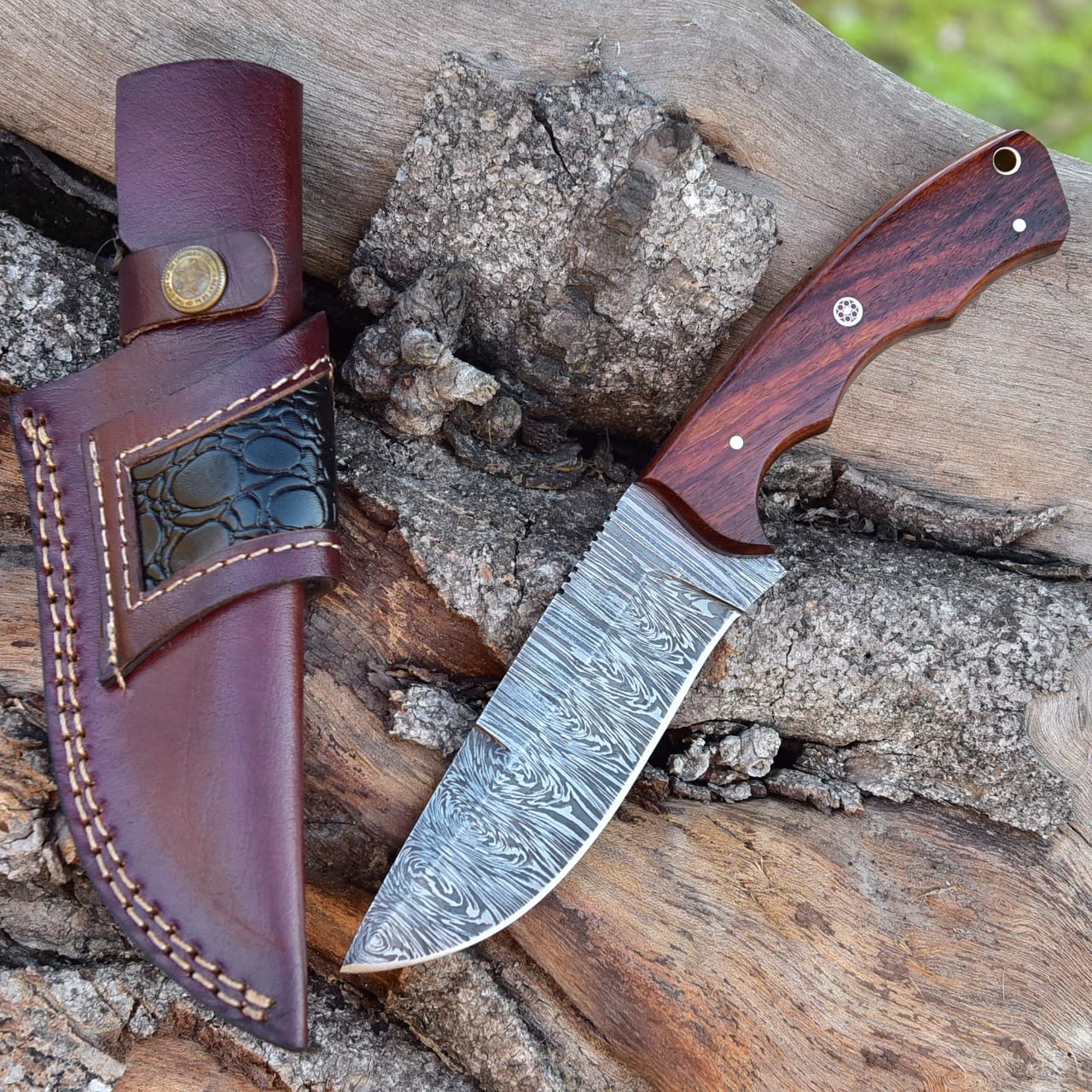 Grace Knives Hunting Knife Damascus Steel 9.25 Inches Fixed Blade Knife with Leather Sheath G-1086 (Rose Wood)