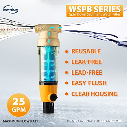 iSpring WSP50B Reusable Whole House Spin Down Sediment Water Filter, Fast Flow with Built-in Housing Scraper and Brass Top Clear Housing, 50 Micron