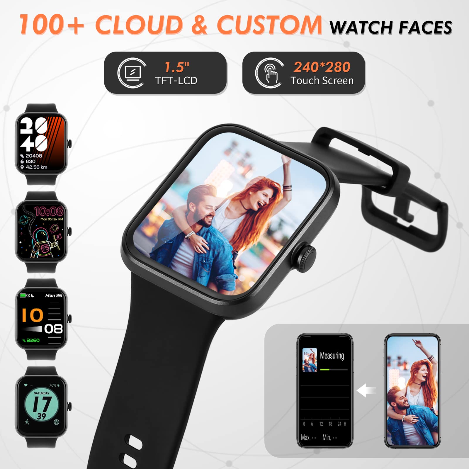 Hpory Smart Watch for Women and Men - Fitness & Activity Tracker Smartwatch for iOS or Android - Water Resistant Bluetooth Touch Screen Sports Watch(Black,1.5inch,2 Charging Cable)