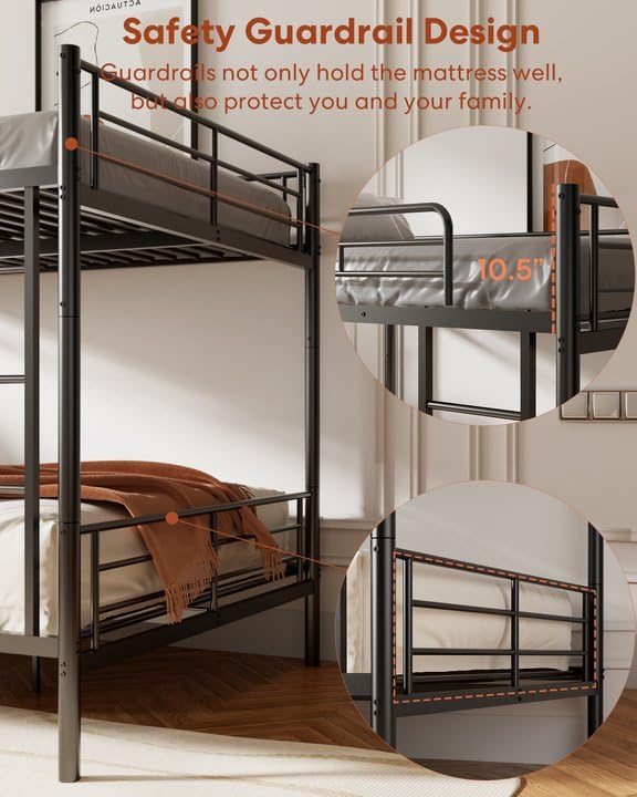 Miscoos Full Over Full Metal Bunk Bed for Kids, Convertible into 2 Separate Full Beds, Heavy Duty Bunk Bed Frame with High Guardrail and Built-in Ladder, No Box Spring Needed, Noise Free, Black
